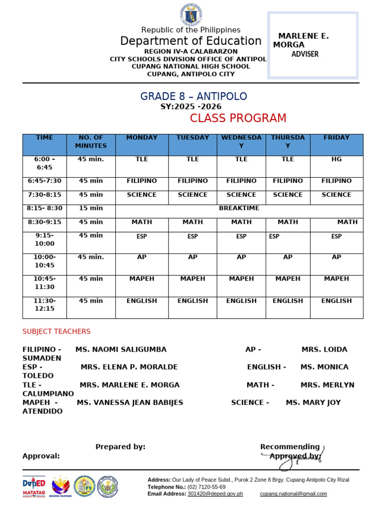 Grade 8 Class Program 2025-2026 | PDF | Republic | Asia