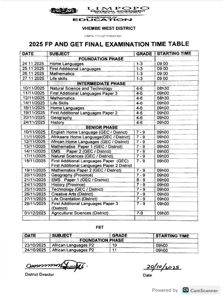 Grade 1-9 Final Examinations Time Table 2025 Vhembe West | PDF
