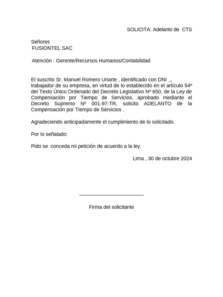 Modelo Pago Cts A LP Fusiontel Sac | PDF