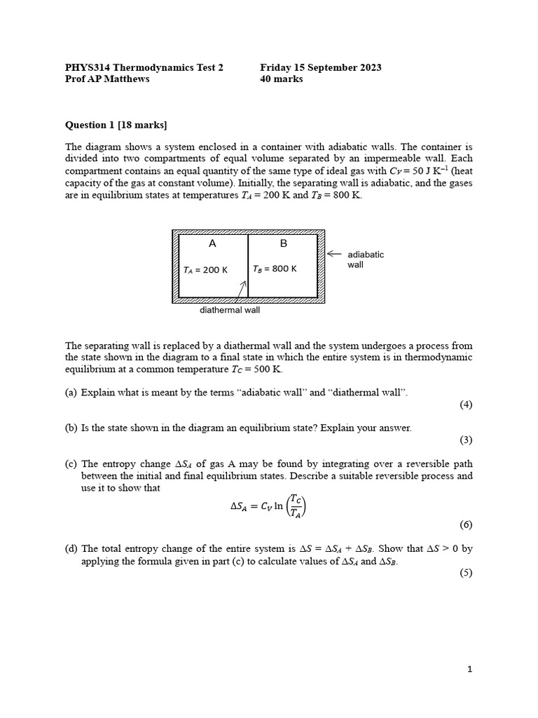 PHYS314 2023 Thermodynamics Test 2 | PDF | Heat | Mathematical Physics
