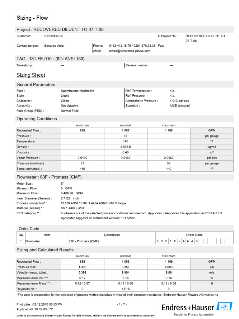 Dimensionamiento Coriolis 6in ANSI 150 - TAG 131-FT-010 | PDF