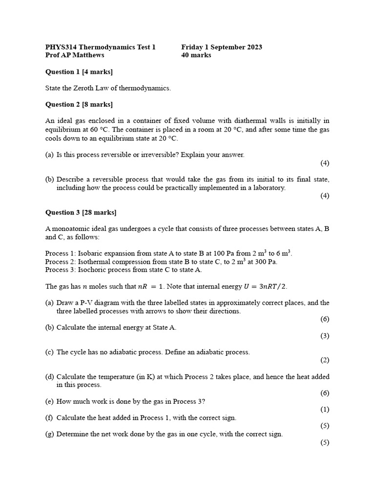 PHYS314 Thermodynamics Test Overview | PDF | Heat | Thermodynamics