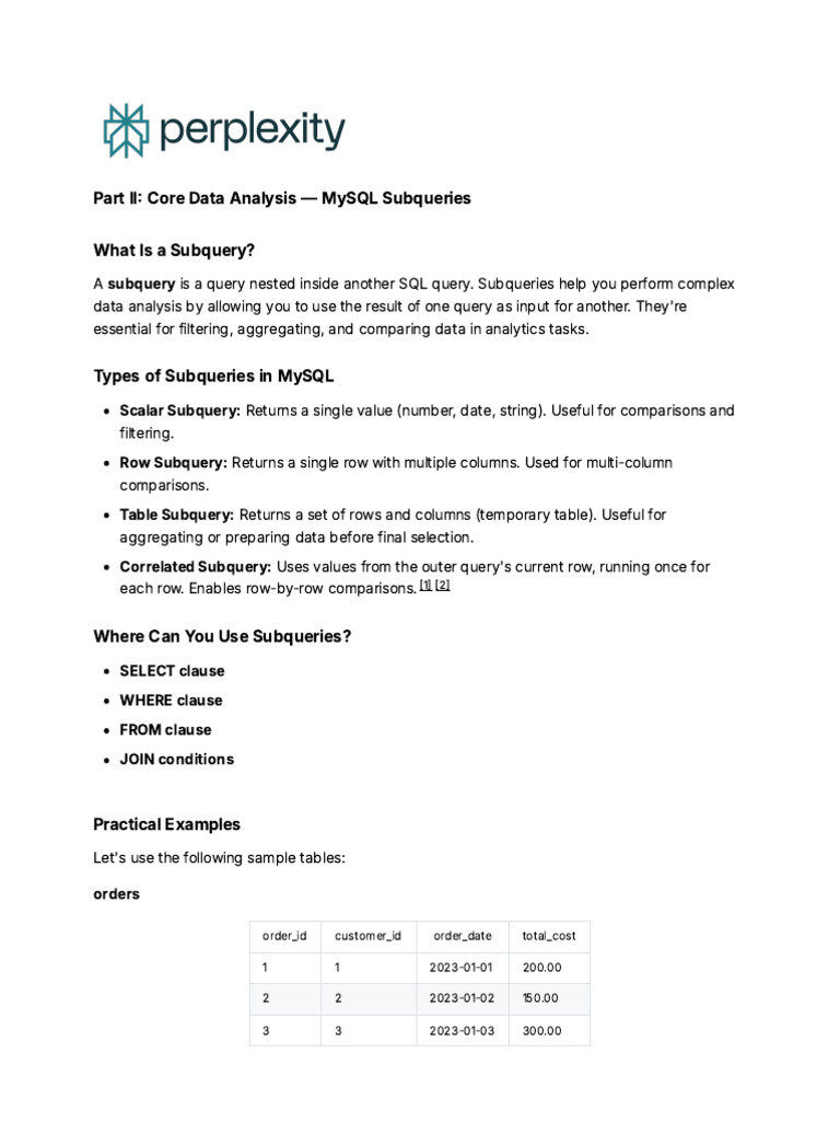 Part II - Core Data Analysis - MySQL Subqueries | PDF | Data Management | Databases