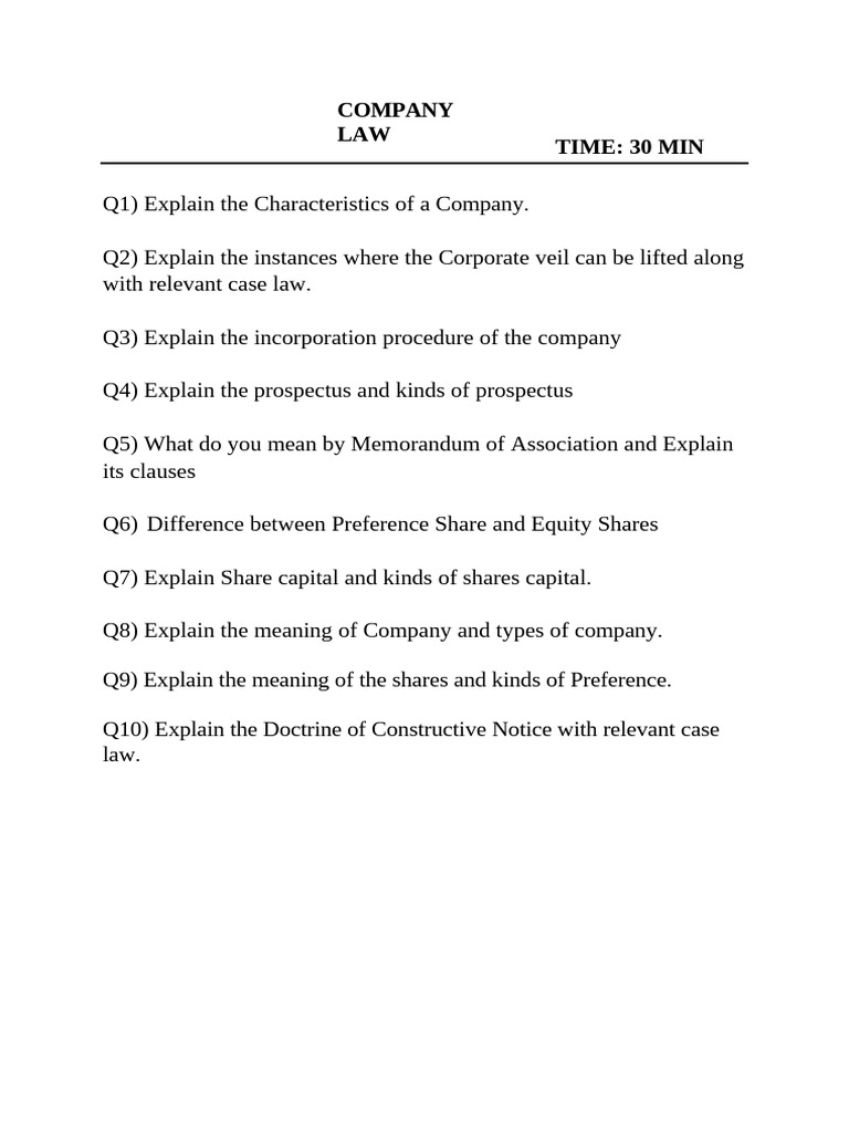 Company Law Class Test Ay 25-26 | PDF