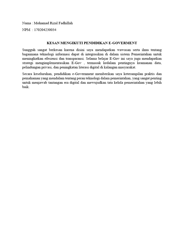 Mohamad Rizal Fadhilah - 170204230034 - Kesan Selama Mengikuti Perkuliahan E-GOV | PDF