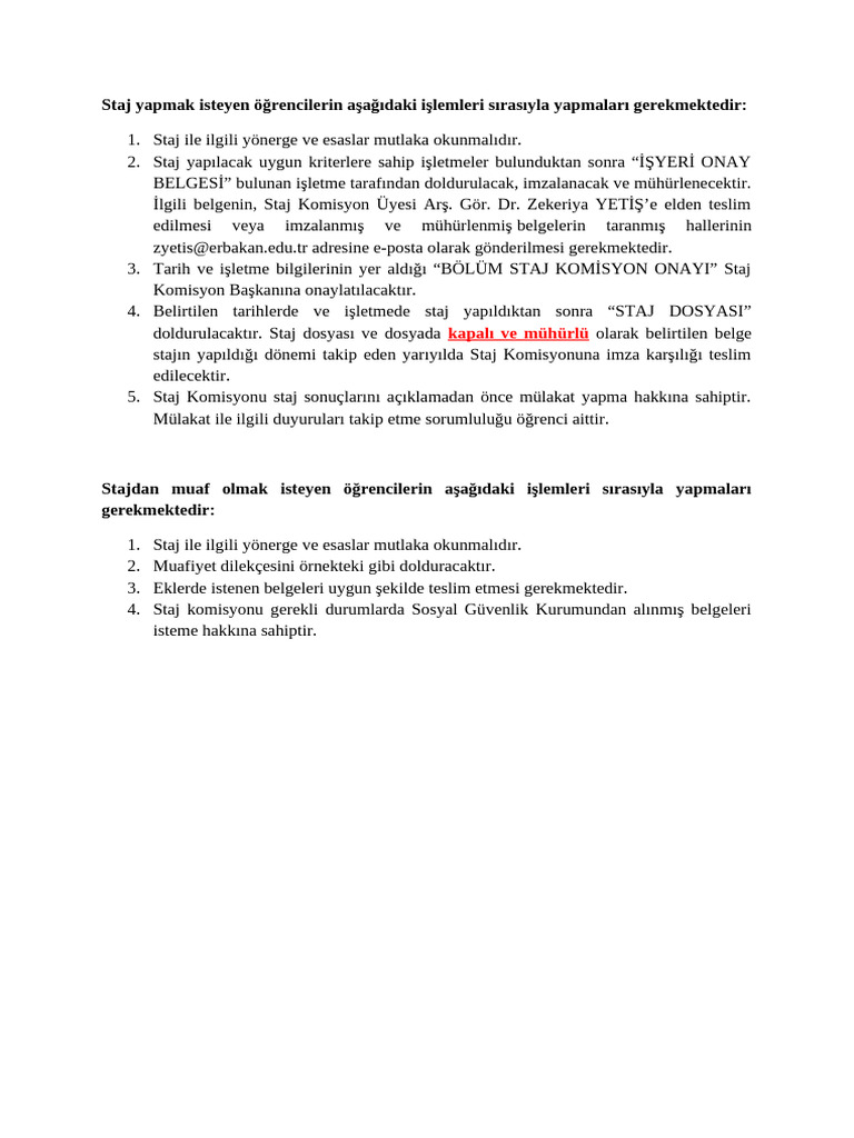Staj Yapmak Ve Stajdan Muaf Olmak İsteyen Öğrencilerin Yapması Gerekenler | PDF