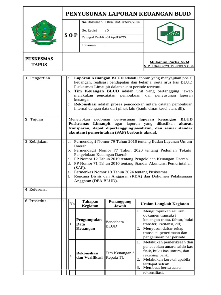 Sop Penyusunan Laporan Keuangan Blud | PDF