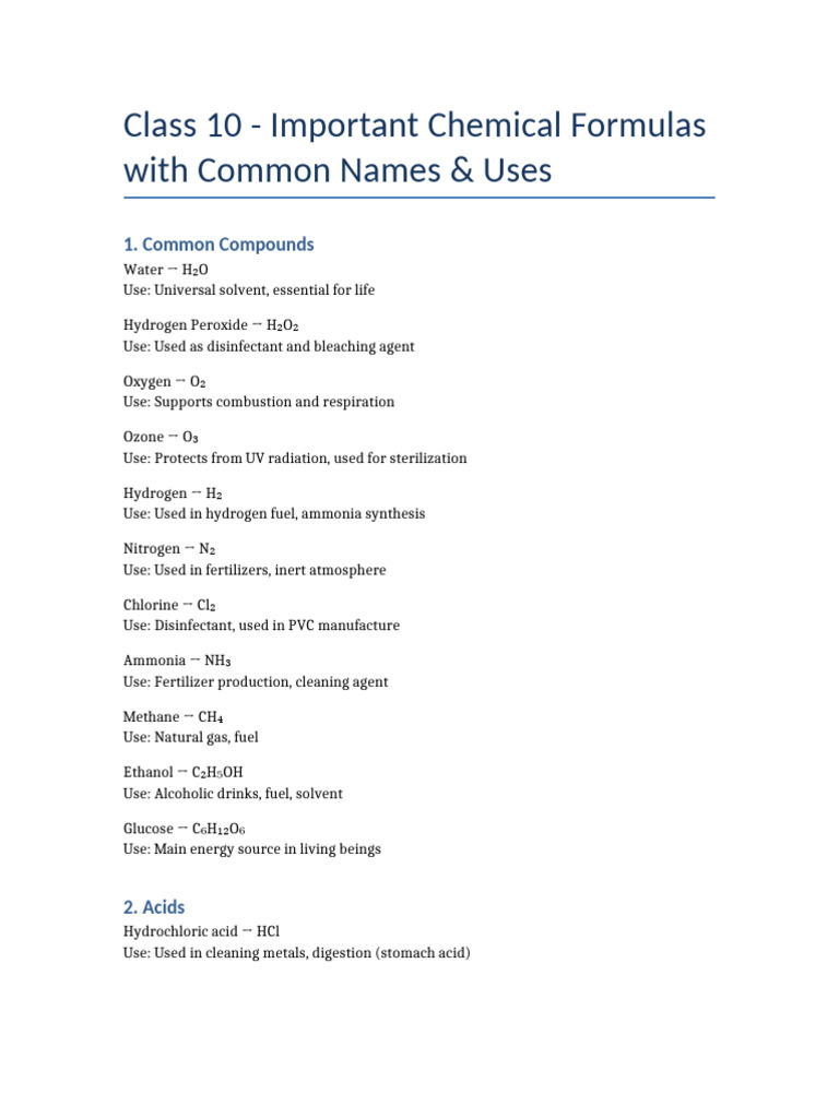 Essential Chemical Formulas for Class 10 | PDF
