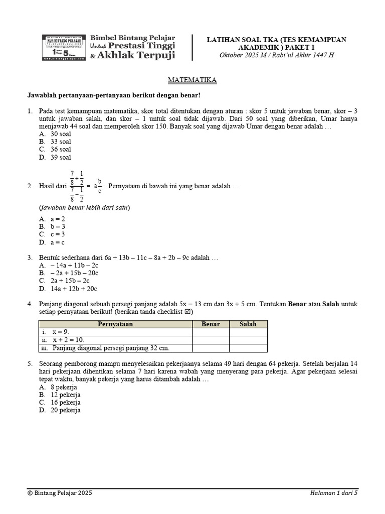 Latihan Soal TKA - Matematika 9 SMP - Paket 1 | PDF