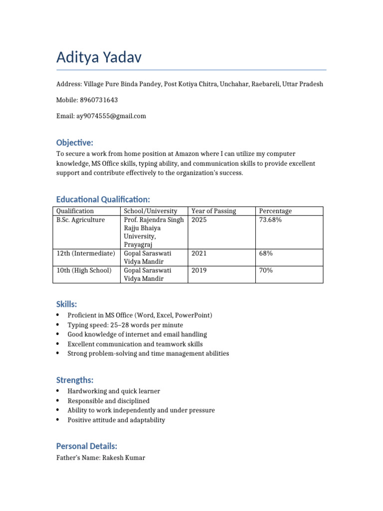 Aditya Yadav Resume | PDF
