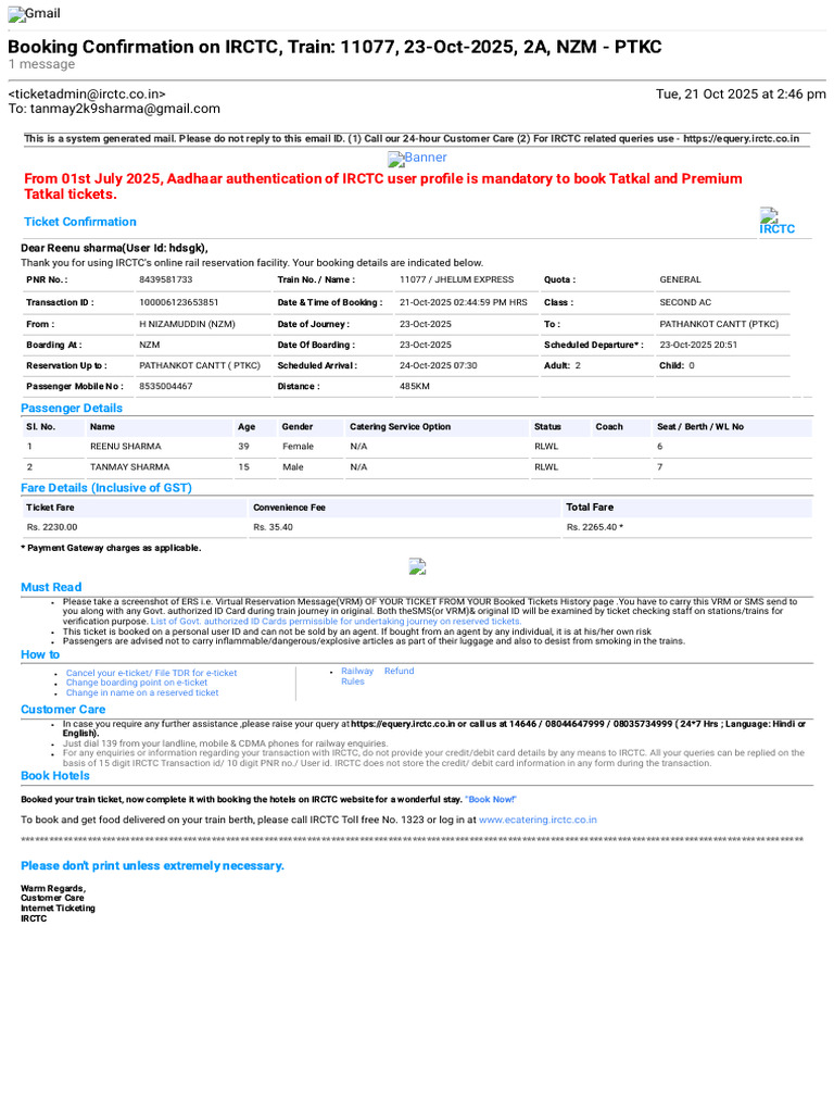 Gmail - Booking Confirmation On IRCTC, Train - 11077, 23-Oct-2025, 2A ...