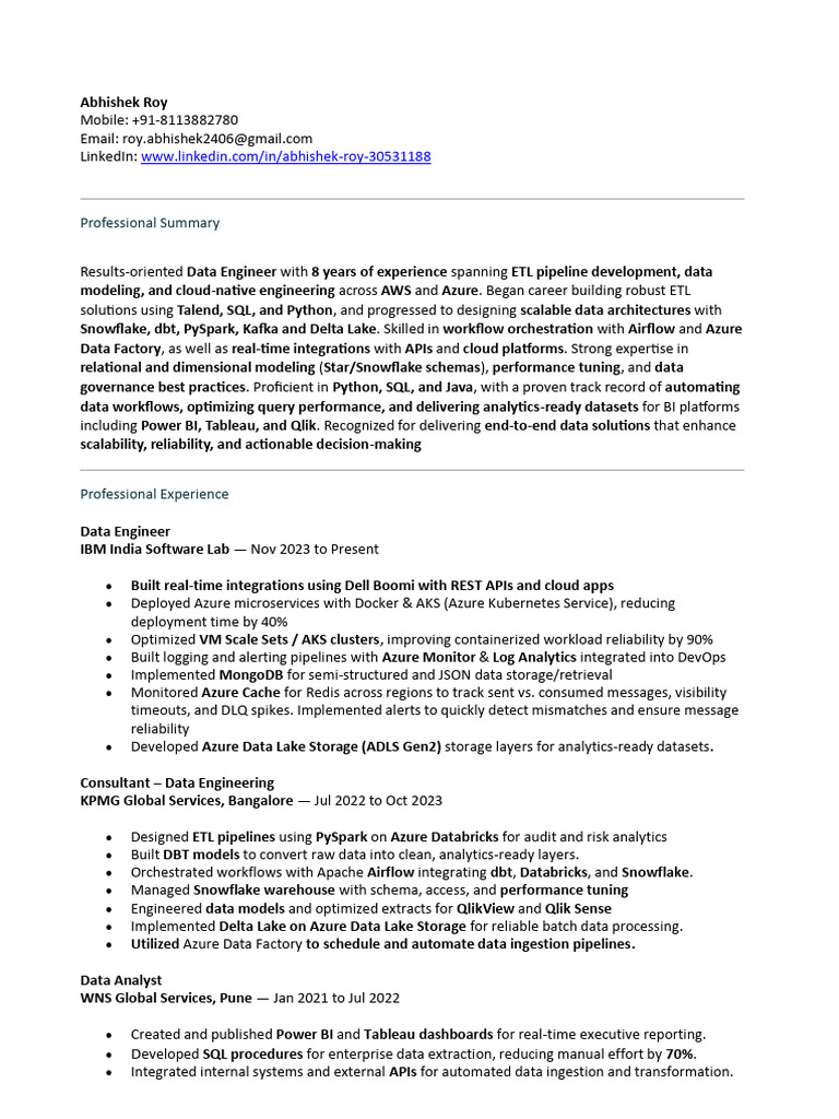 Abhishek Roy Resume1 | PDF | Microsoft Azure | Apache Spark