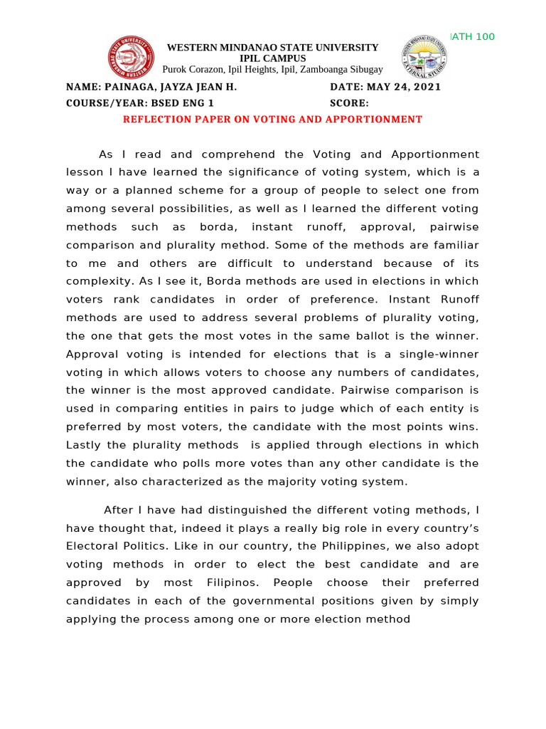 MATH-may 24 Voting and Apportionment | PDF