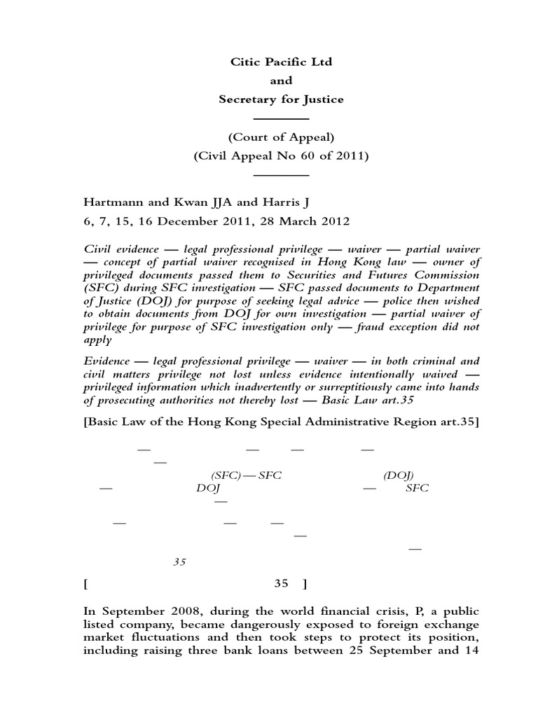 Citic Pacific Legal Privilege Appeal | PDF | Judgment (Law) | Justice
