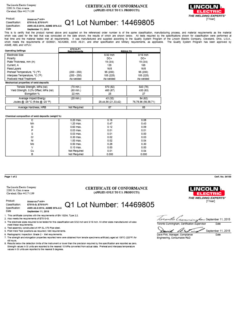 E7010 Electrode Certificate of Conformance | PDF | Welding | Construction