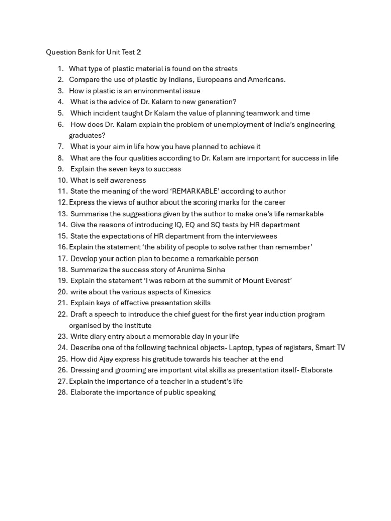 Updated Question Bank For Unit Test 2 | PDF