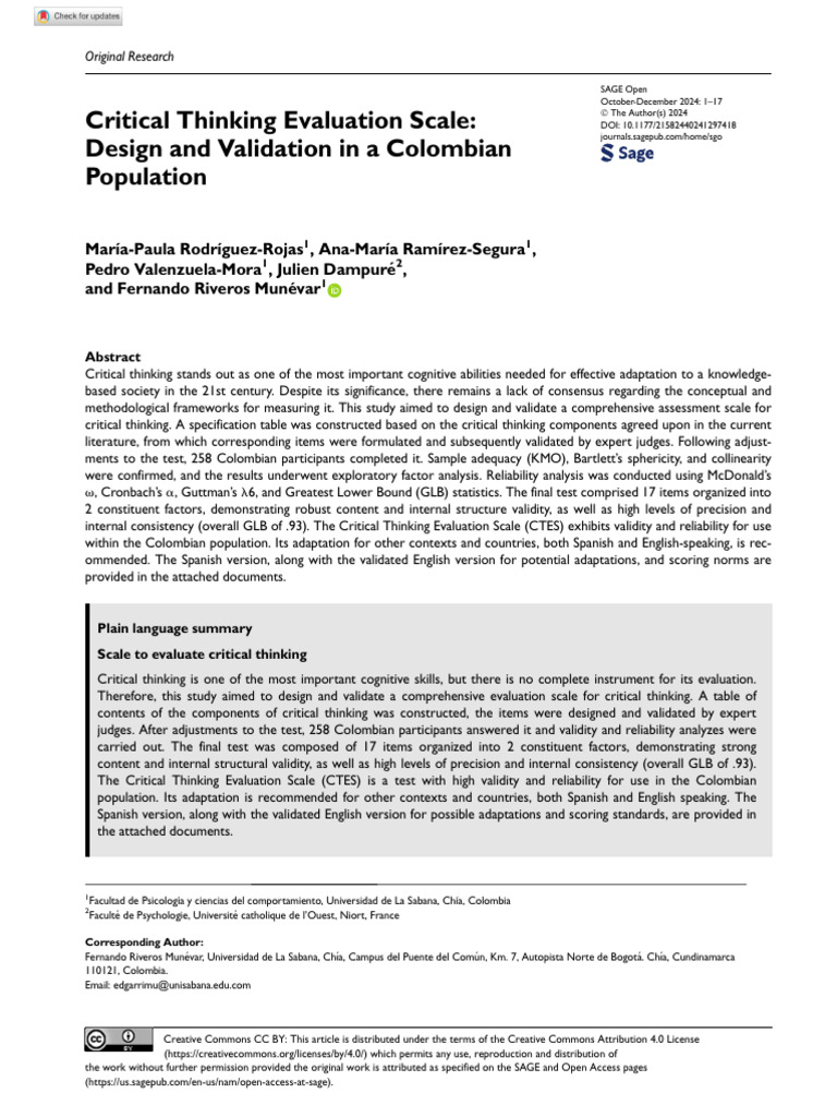 Rodríguez Rojas Et Al 2024 Critical Thinking Evaluation Scale Design and Validation in A ...