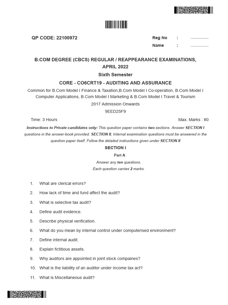B.Com Auditing Exam Paper April 2022 | PDF | Audit | Auditor's Report