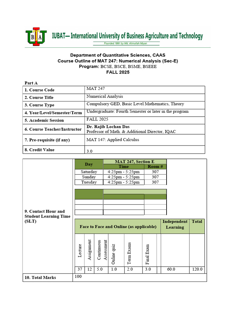 (Revised) FALL 2025 MAT 247 Sec E OBE Course Outline DR Rajib Lochan Das | PDF | Numerical ...