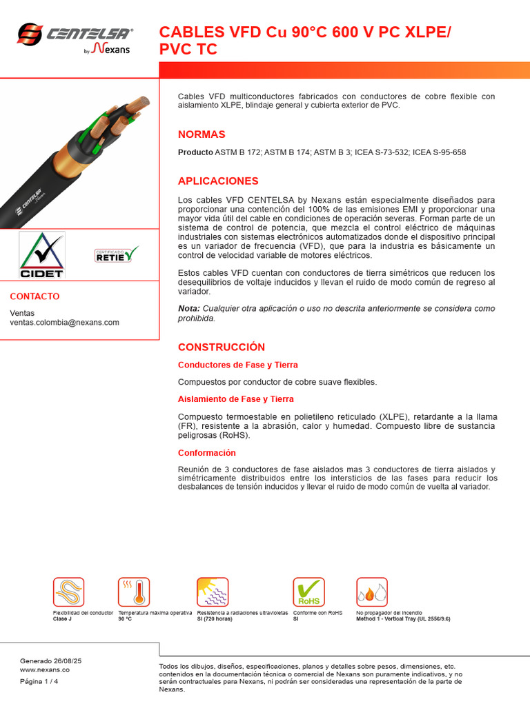 Cables VFD Cu 90°C 600 V XLPE/PVC | PDF | Conductor electrico ...