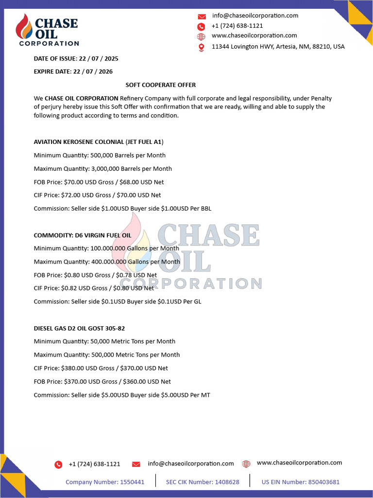 Chase Oil Corporation Soft Cooperate Offer | PDF | Letter Of Credit ...
