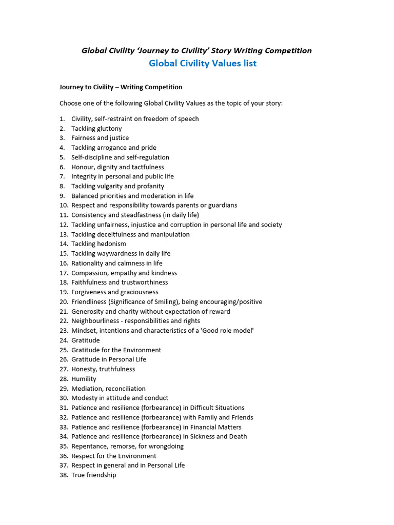 GC Writing Comp Campaign Global Civility Values List | PDF | Patience ...