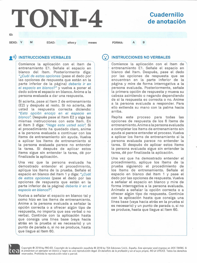 Cuadernillo de Anotación TONI-4 | PDF