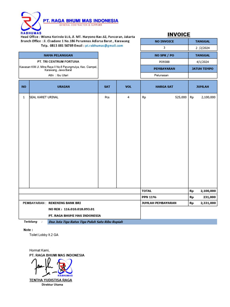 Invoice Seal Karet Urinal PT. TCF 27 Februari 2024 | PDF