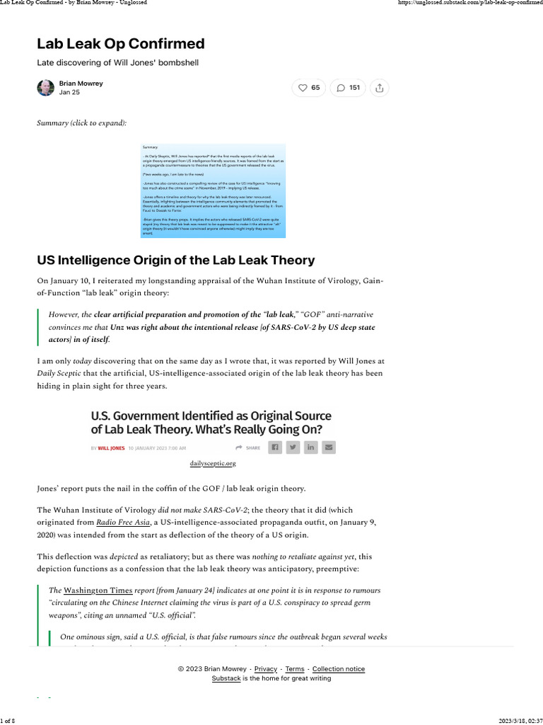 Lab Leak Op Confirmed - by Brian Mowrey - Unglossed | PDF