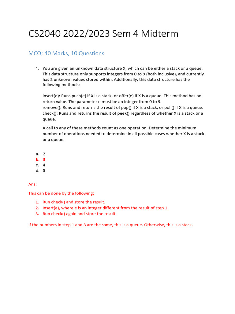 CS2040_2022_2023_Sem4_midterm_ans | PDF | Algorithms And Data ...