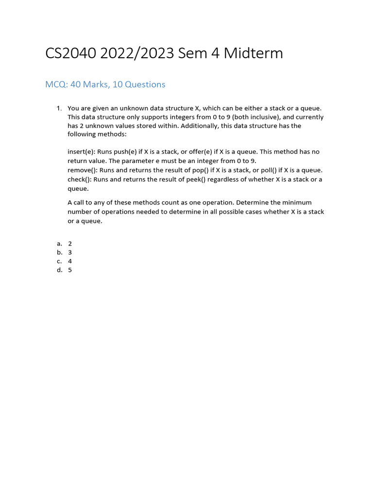 CS2040_2022_2023_Sem4_midterm_qns | PDF | Queue (Abstract Data Type ...