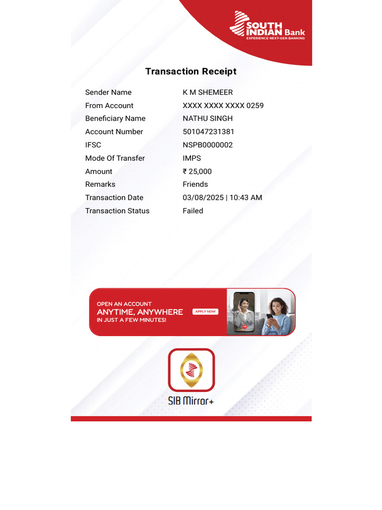IMPS Transaction Receipt - Failed Transfer | PDF