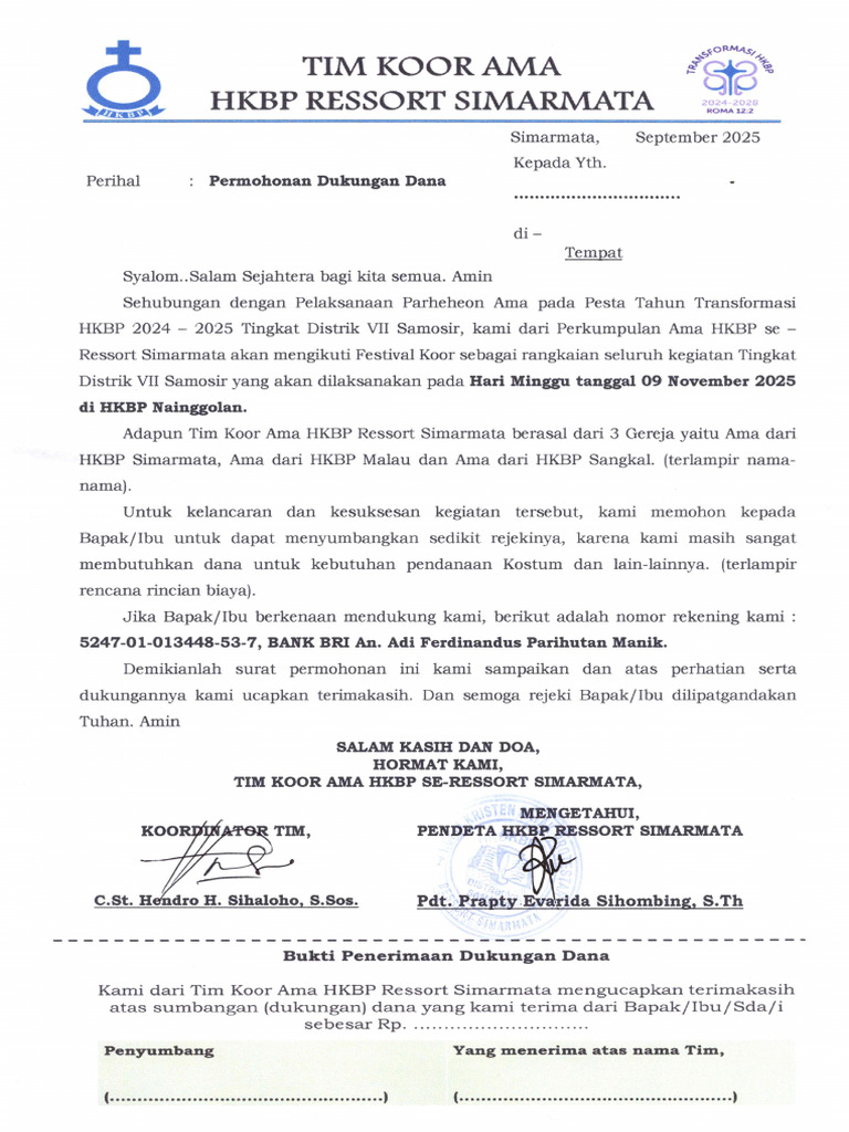 Proposal Permohonan Dukungan Koor Ama HKBP Ressort Simarmata | PDF