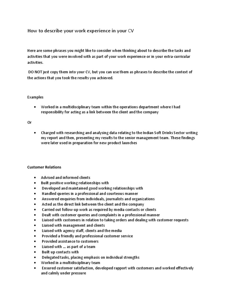 Describing Work Experience for CVs | PDF | Taxes | Leadership