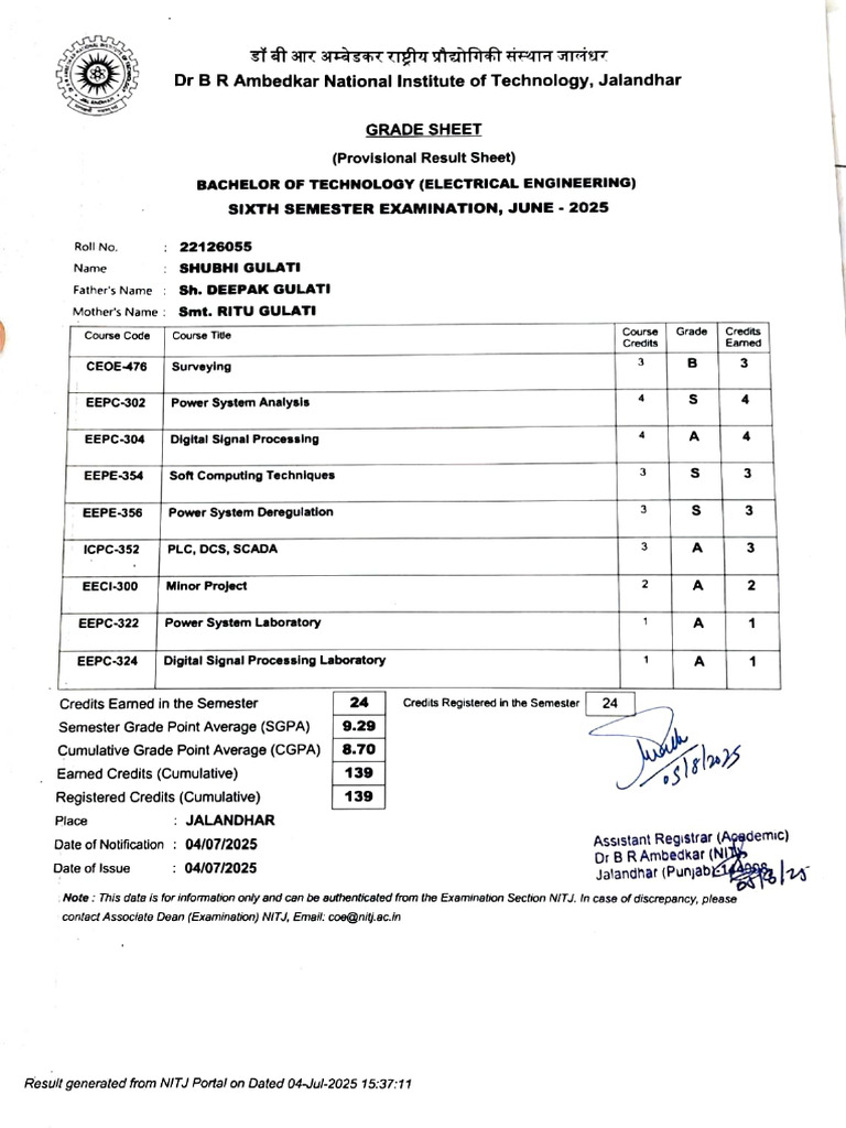B.Tech Electrical Engineering Grade Sheet | PDF | Electronics ...