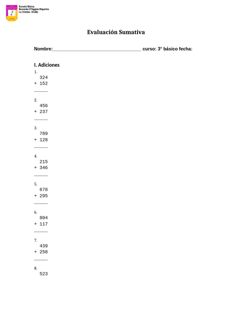 Evaluacion - Matematica Suma Resta y Multiplicación | PDF
