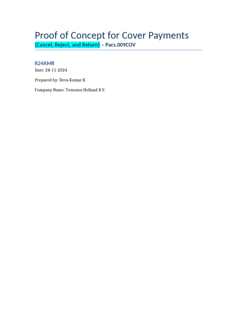 PoC Cover Payments Template-Cancel Reject Return Pacs.009 | PDF