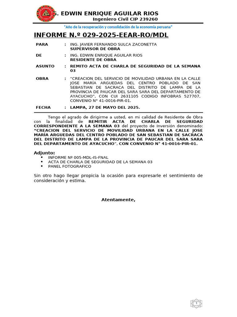 Informe n029 Remito Acta de Charla de Seguridad de La Semana 03 | PDF