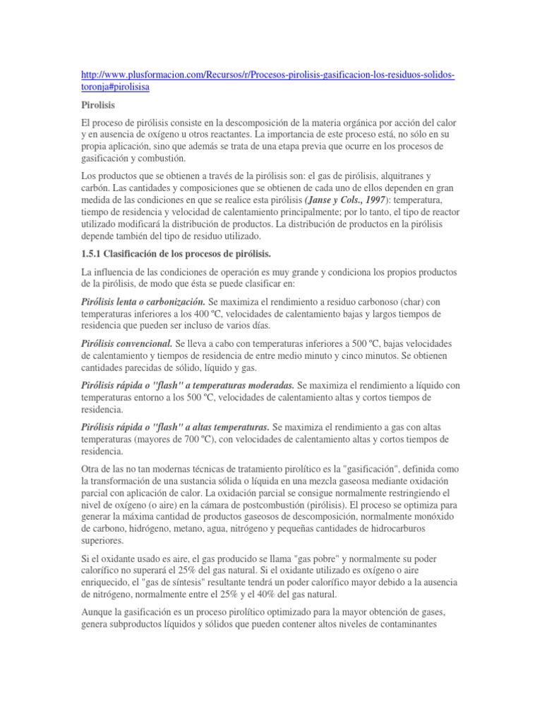 Procesos de Pirólisis y Gasificación | PDF | Pirólisis | Oxígeno