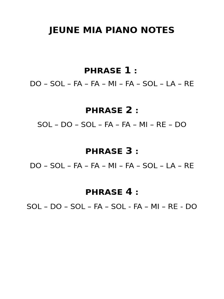 Jeune Mia Piano Notes | PDF