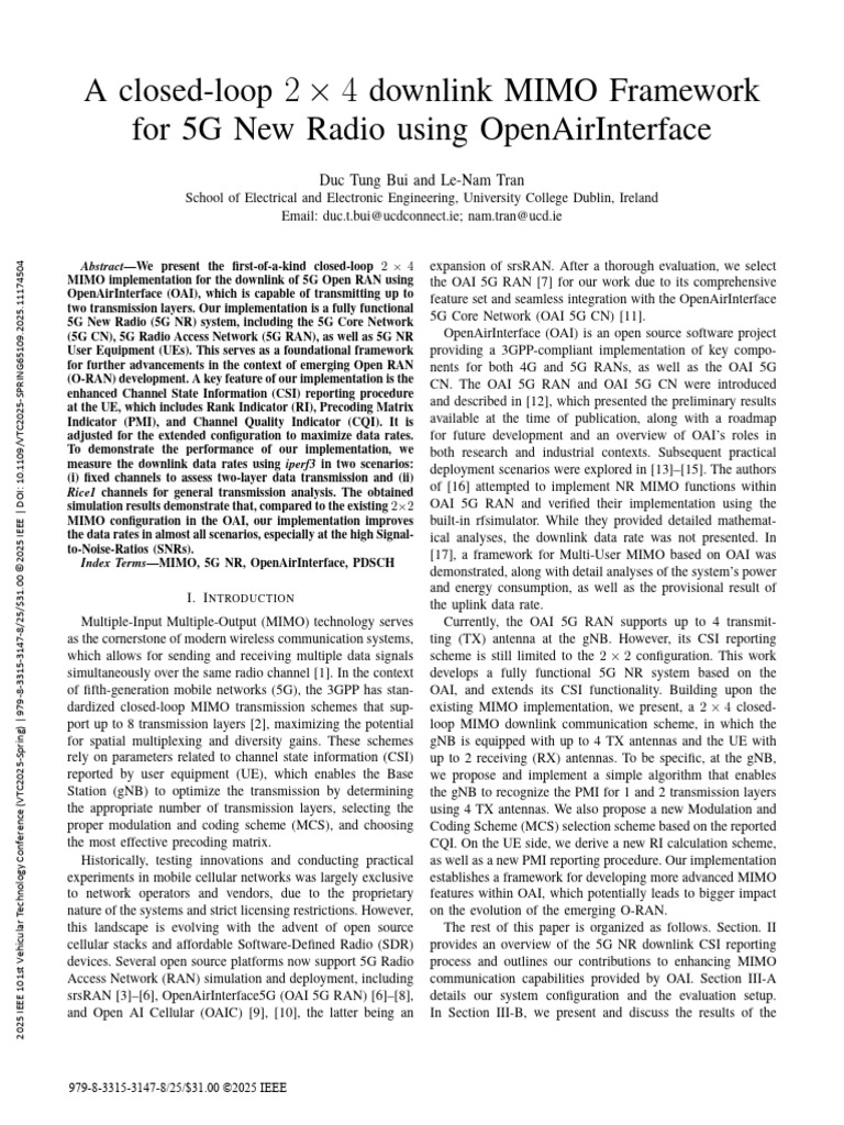 A Closed-Loop 2 Times 4 Downlink MIMO Framework For 5G New Radio Using OpenAirInterface | PDF ...