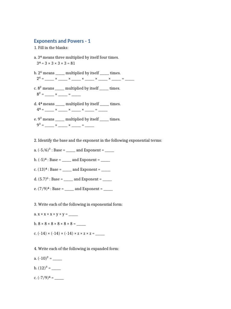 Exponents and Powers Worksheet | PDF