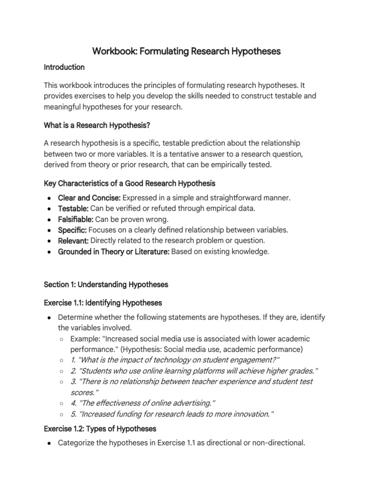 Workbook Formulating Research Hypotheses Pdf Hypothesis