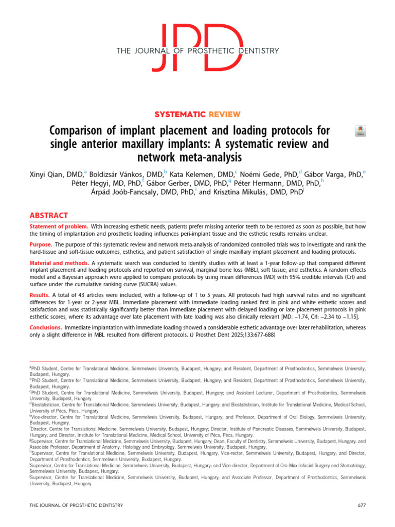 Comparison of Implant Placement and Loading Protocols For Single Anterior Maxillary Implants A ...