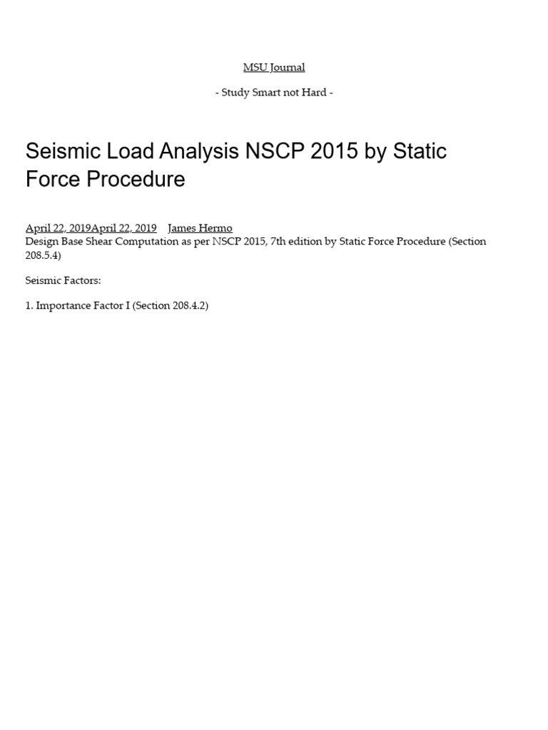 Seismic Load Analysis NSCP 2015 by Static Force Procedure - MSU Journal ...