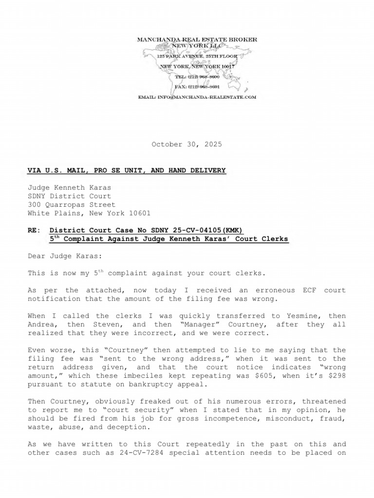 District Court Case No SDNY 25-CV-04105 (KMK) 5th Complaint Against ...