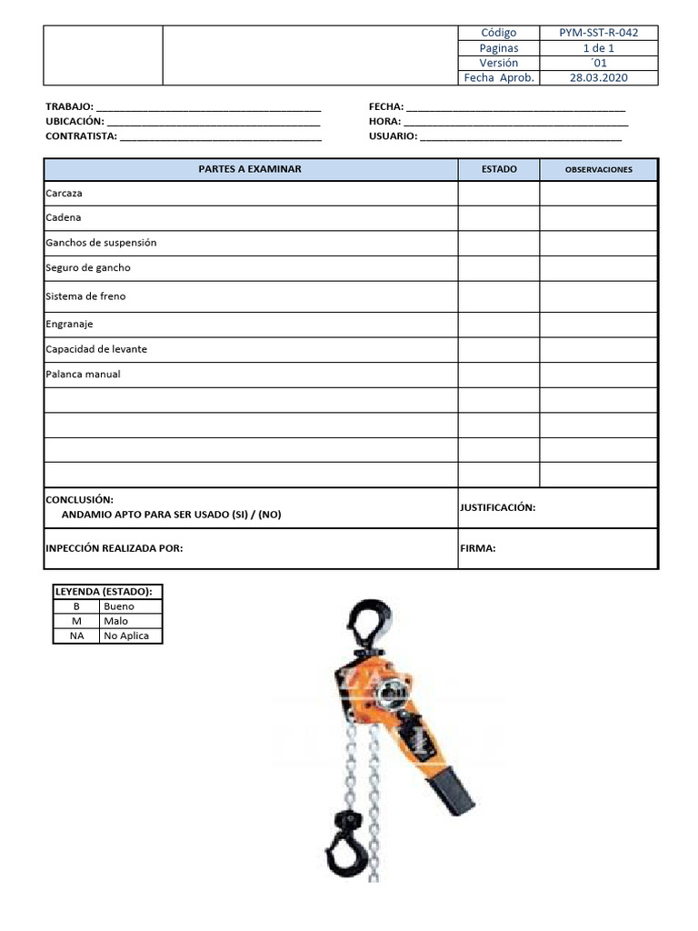PYM-SST-Inspeccion Pre-Uso de Tecle | PDF