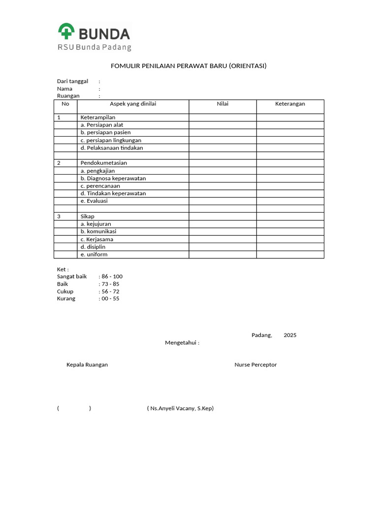 Formulir Penilaian Perawat Orientasi | PDF