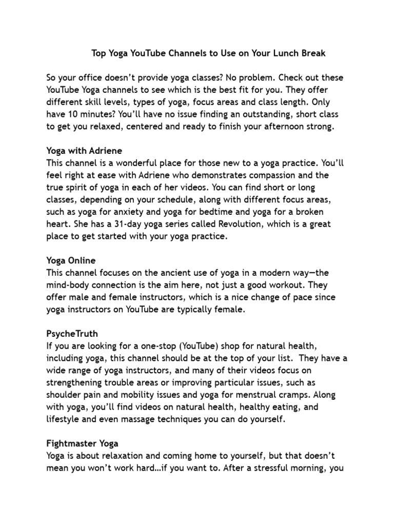 Top Yoga YouTube Channels To Use On Your Lunch Break | PDF | Yoga ...