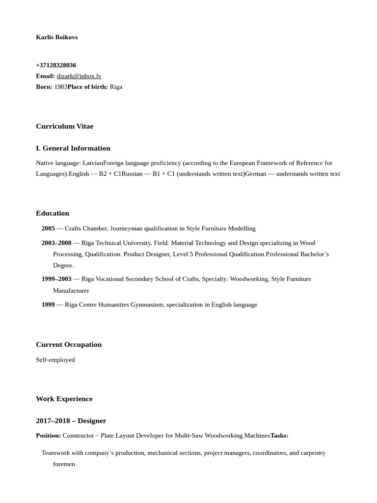 Karlis Boikovs: Furniture Designer CV | PDF | Computing | Software
